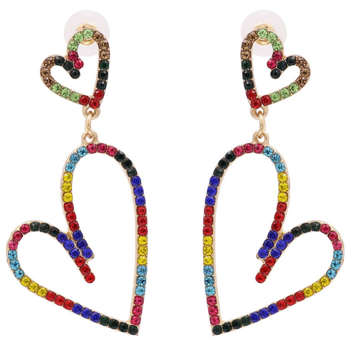 Gold Tone Multicolour Large Hollow Diamante Heart Earrings E128 – BOONBOON
