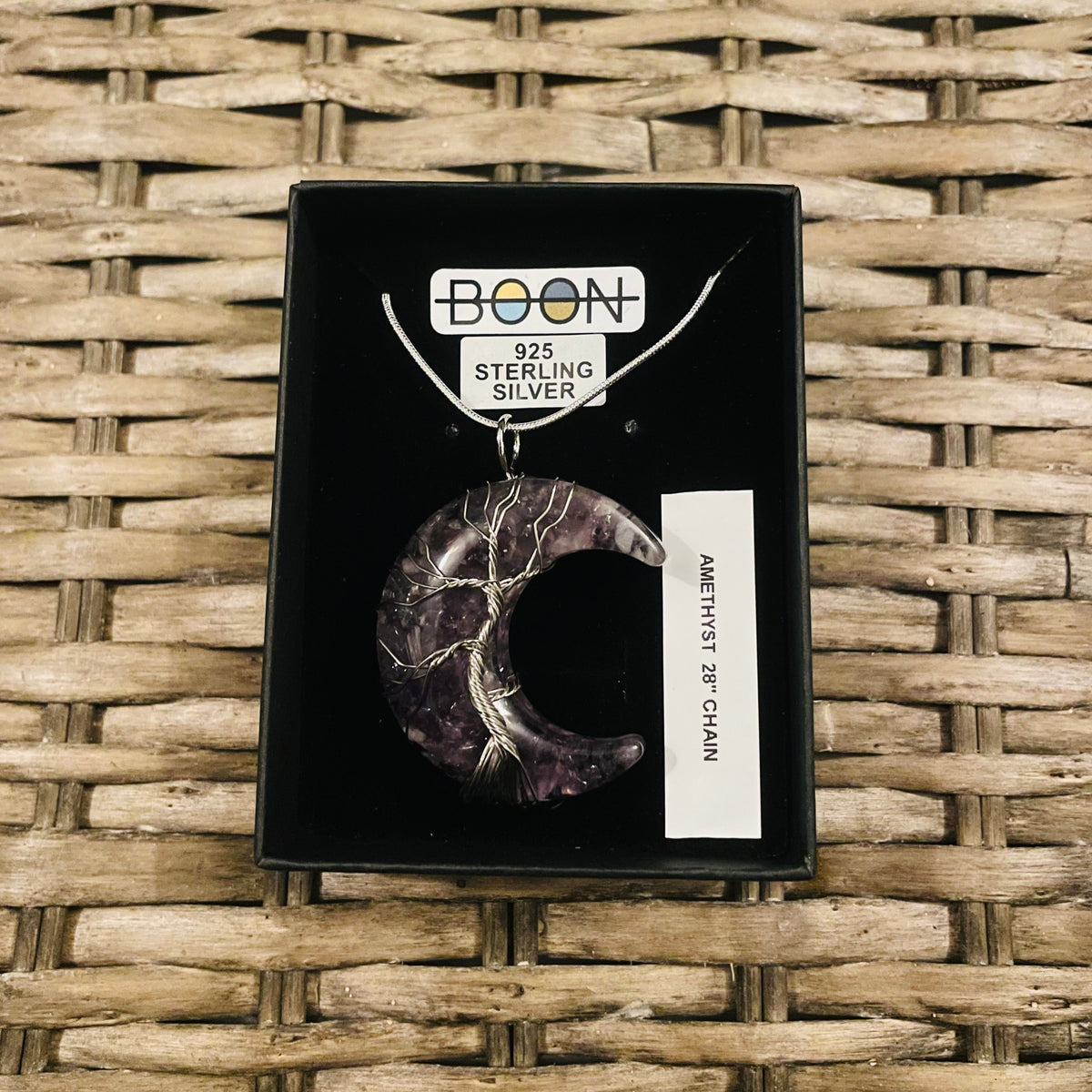 925 Silver Large Crescent Amethyst Moon Pendant Necklace Boxed N101 – BOONBOON